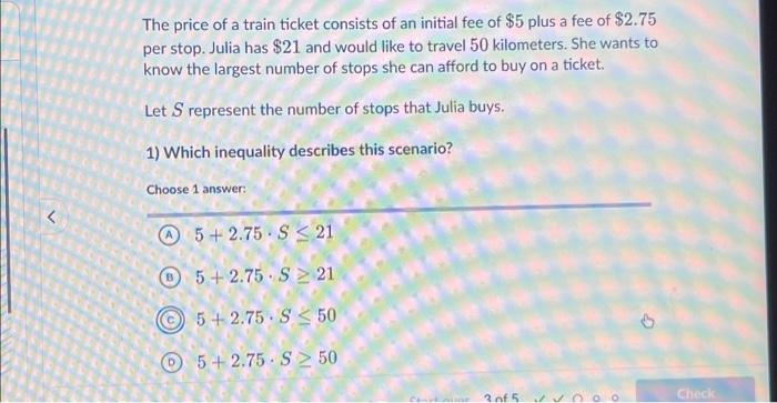 Solved The price of a train ticket consists of an initial | Chegg.com