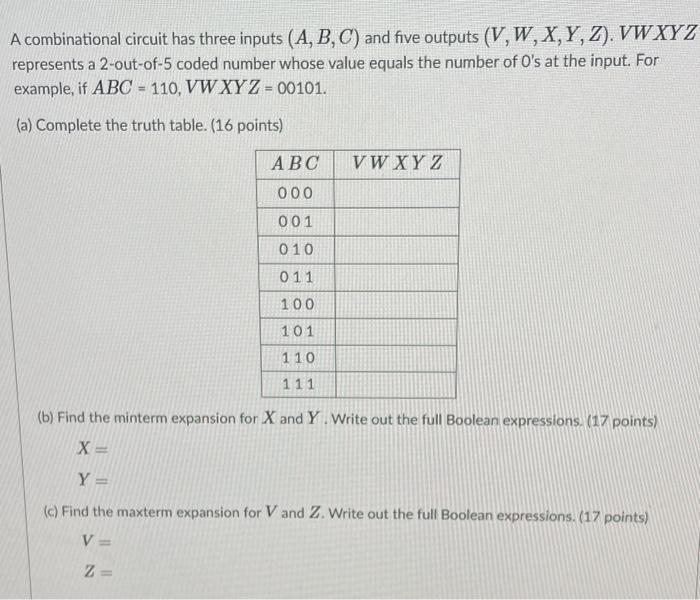 Solved A combinational circuit has three inputs (A, B, C) | Chegg.com