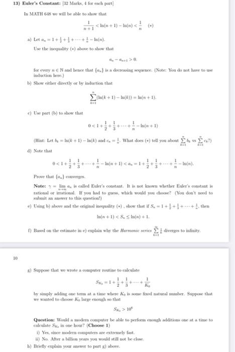 Solved 13) Euler's Constant: (32 Marka, 4 for each part) In | Chegg.com