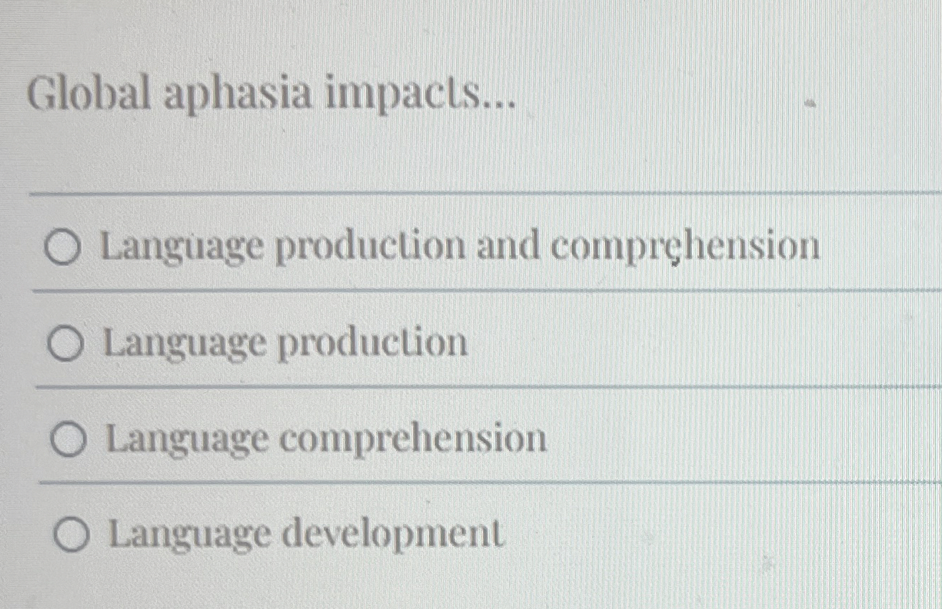 Solved Global aphasia impacts...Language production and | Chegg.com