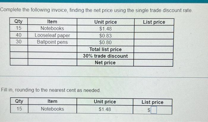 Solved Complete the following invoice, finding the net price | Chegg.com