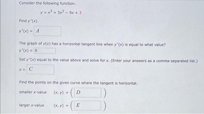 Solved Consider the following function. y = x3 + 3x2 - 9x + | Chegg.com