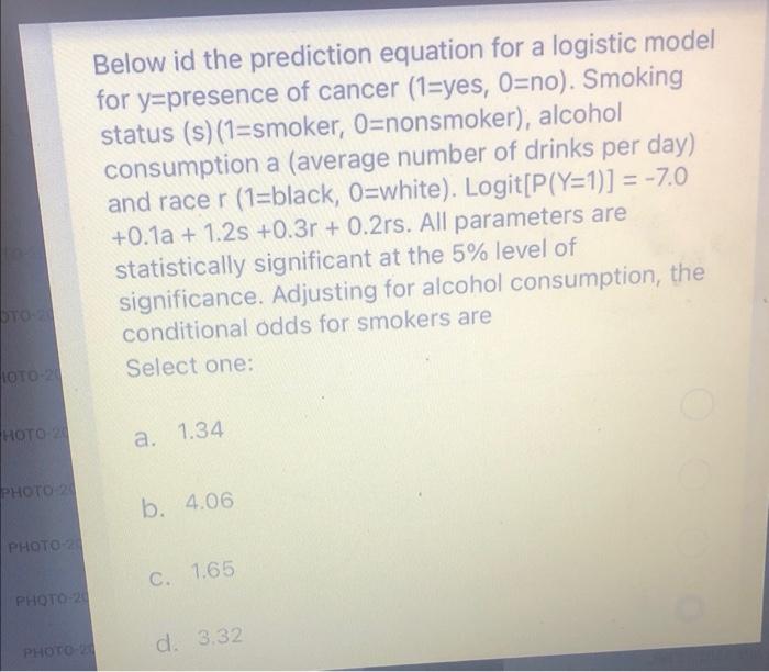 Solved Below id the prediction equation for a logistic model | Chegg.com
