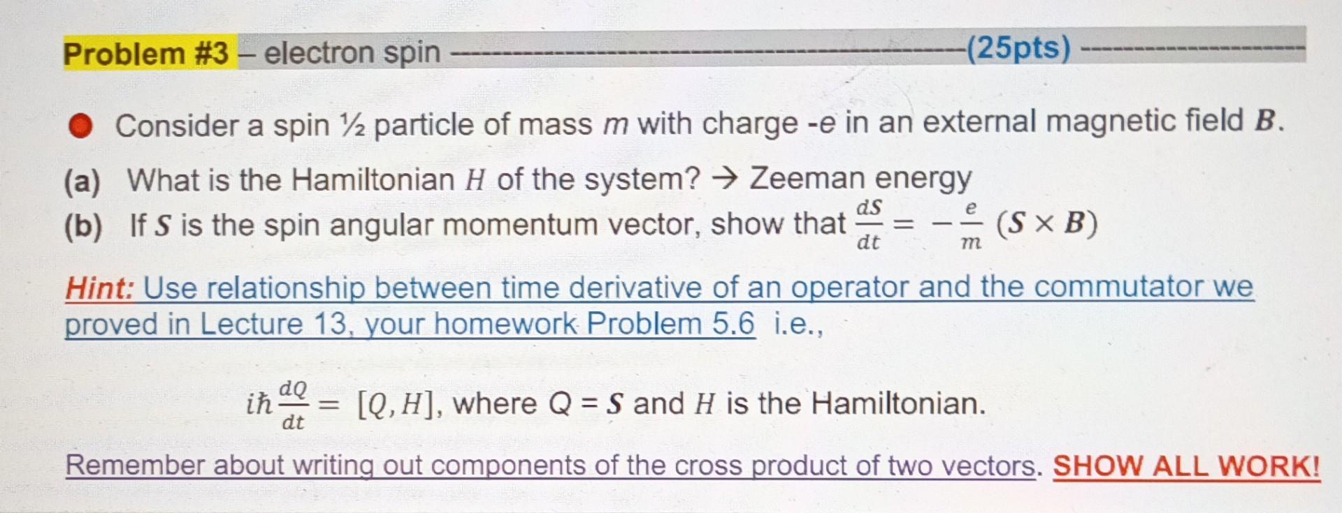 Solved - Consider a spin 1/2 particle of mass m with charge | Chegg.com