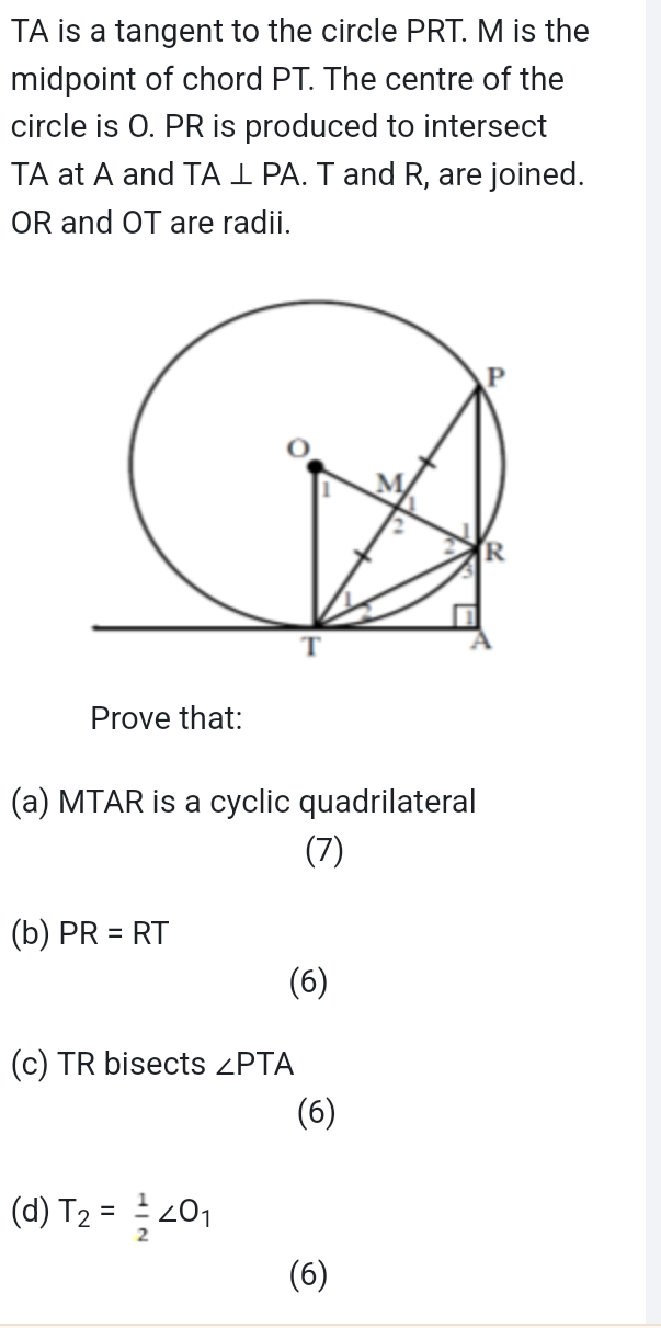 Solved TA is a tangent to the circle PRT. M ﻿is themidpoint | Chegg.com