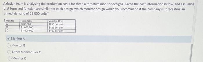 Solved A design team is analysing the production costs for | Chegg.com