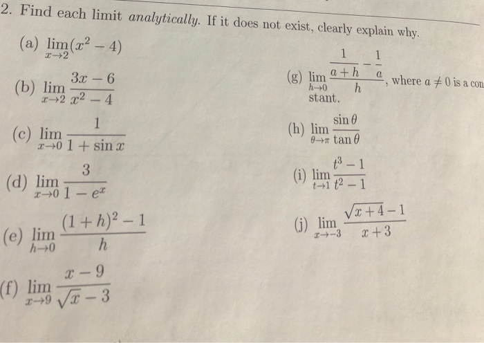 Solved 2. Find each limit analytically. If it does not | Chegg.com