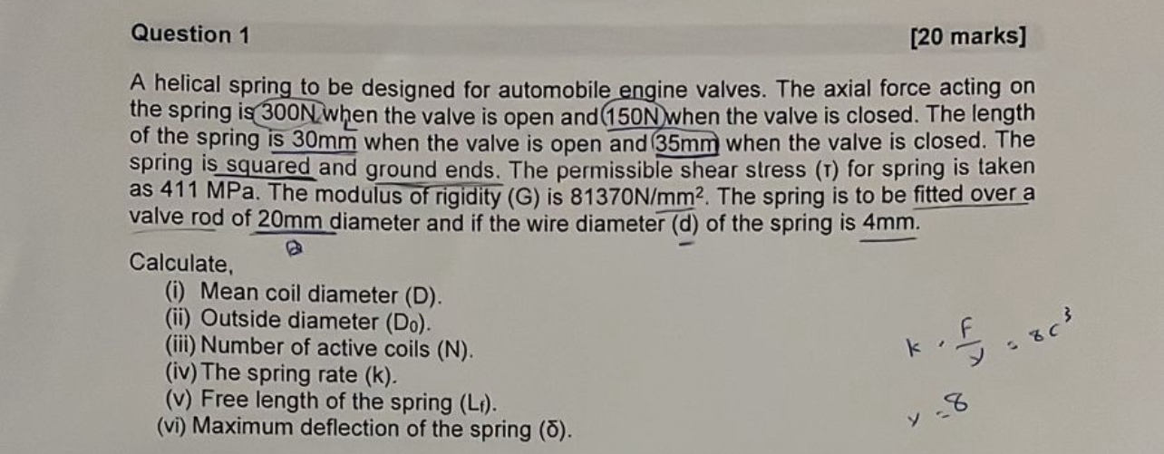 Solved Question 1[20 ﻿marks]A helical spring to be designed | Chegg.com