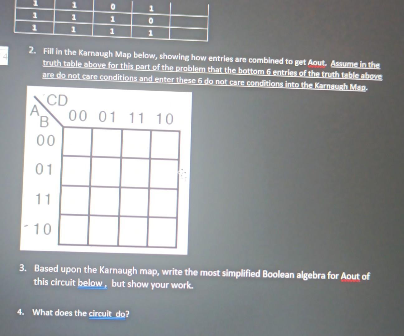 Solved 1 0 1 1 1 1 0 1 1 1 1 2. Fill in the Karnaugh Map | Chegg.com