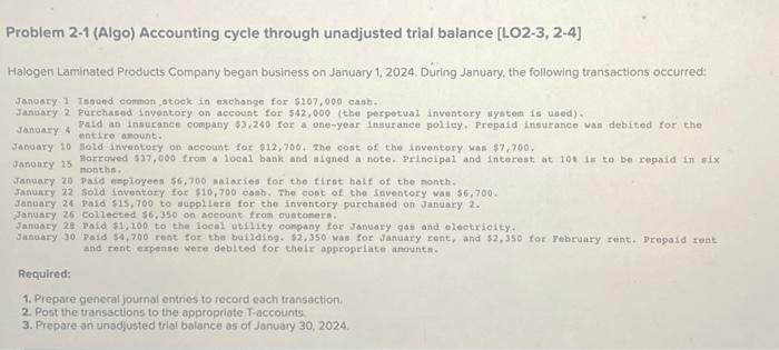 Solved Problem 2-1 (Algo) Accounting cycle through | Chegg.com