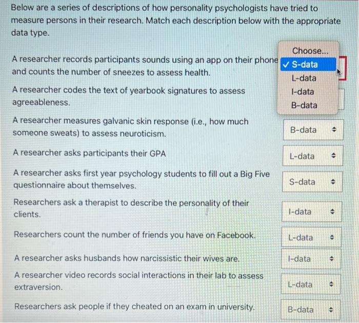 Solved Below are a series of descriptions of how personality | Chegg.com