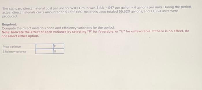 Solved The standard direct material cost per unit for Willis | Chegg.com