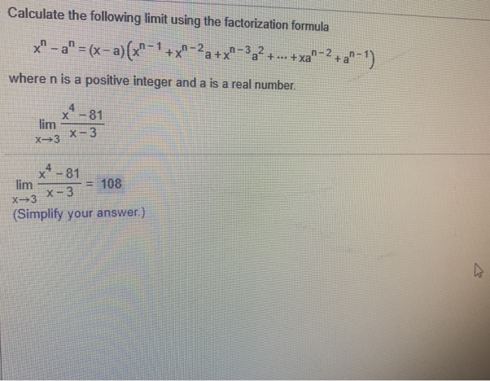 Solved Calculate the following limit using the factorization | Chegg.com