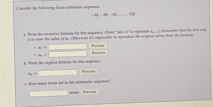 Solved Consider the following finite arithmetic sequence: | Chegg.com
