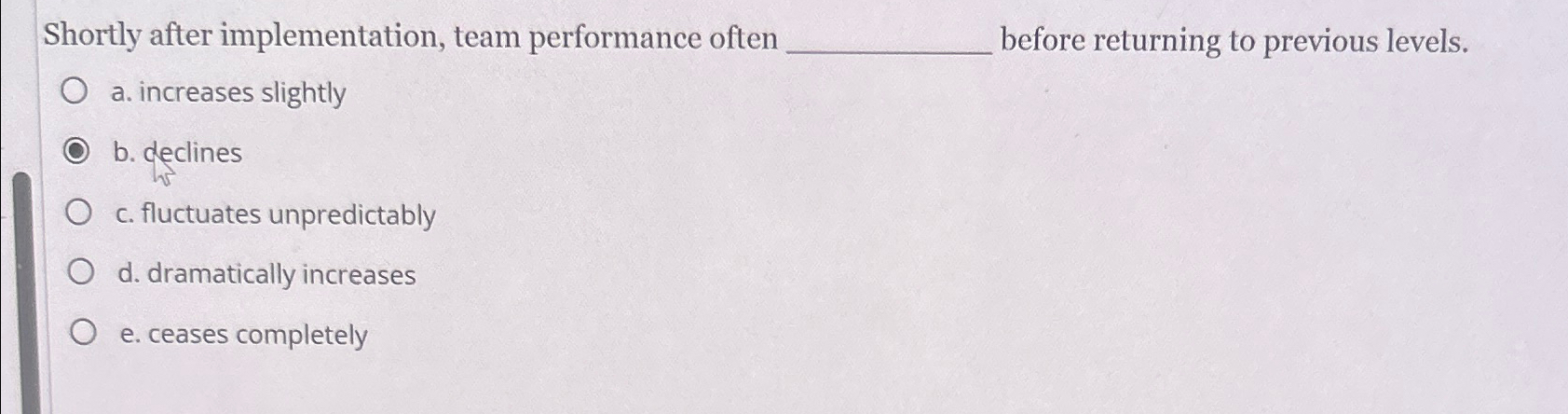 Shortly after implementation, team performance often | Chegg.com