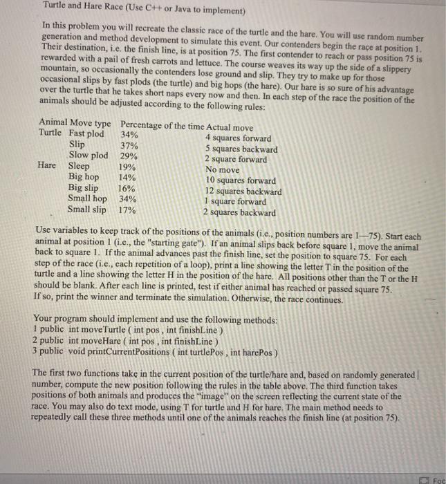 Solved Turtle and Hare Race (Use C++ or Java to implement) | Chegg.com