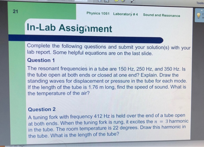 Solved Tools Physics 1051 Laboratory #4 Sound and Resonance | Chegg.com