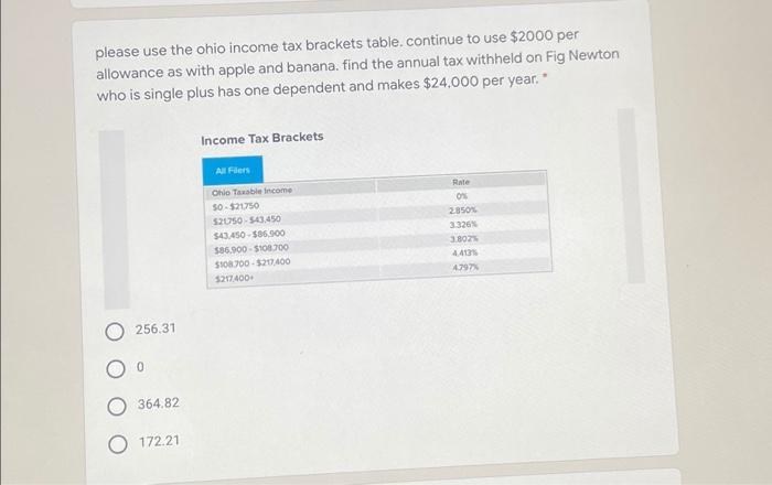 please use the ohio income tax brackets table | Chegg.com