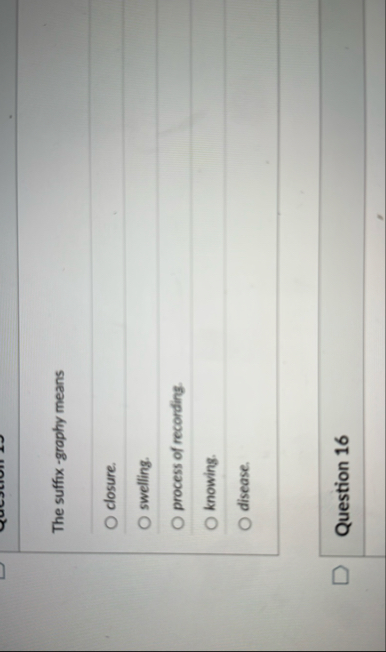 Solved The suffix -graphy meansclosure.swelling.process of | Chegg.com