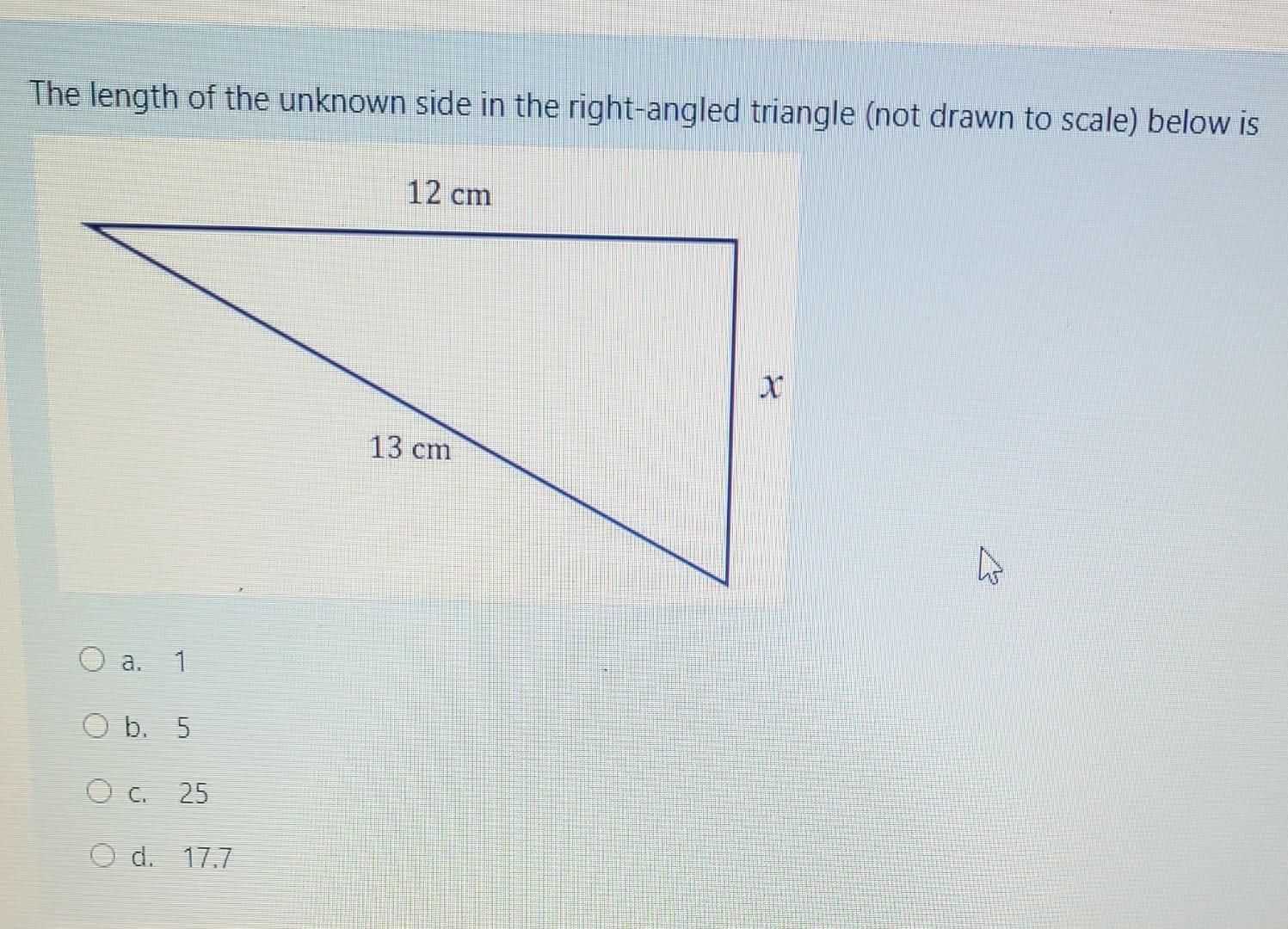 Solved The length of the unknown side in the right-angled | Chegg.com