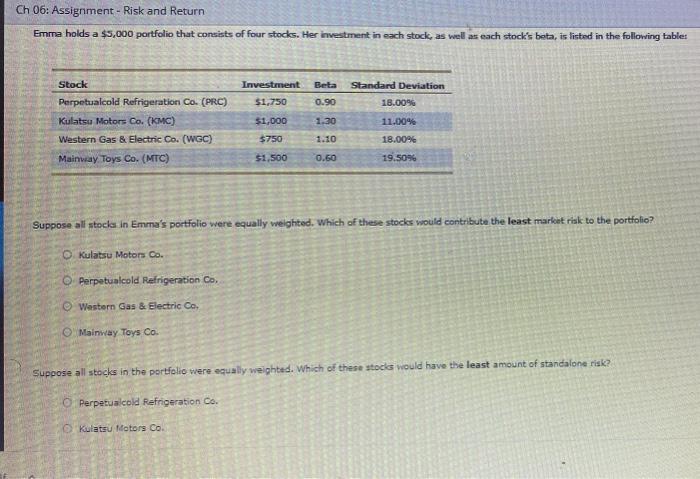 Solved Ch 06: Assignment - Risk and Return Emma holds a | Chegg.com