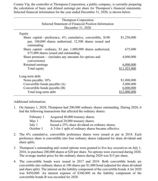 Connie Yip, the controller at Thompson Corporation, a | Chegg.com