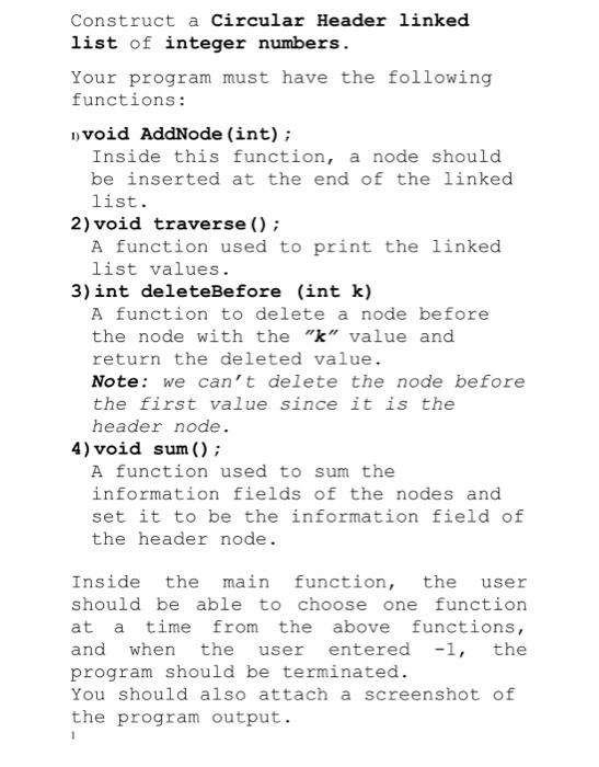 Solved Construct a Circular Header linked list of integer | Chegg.com