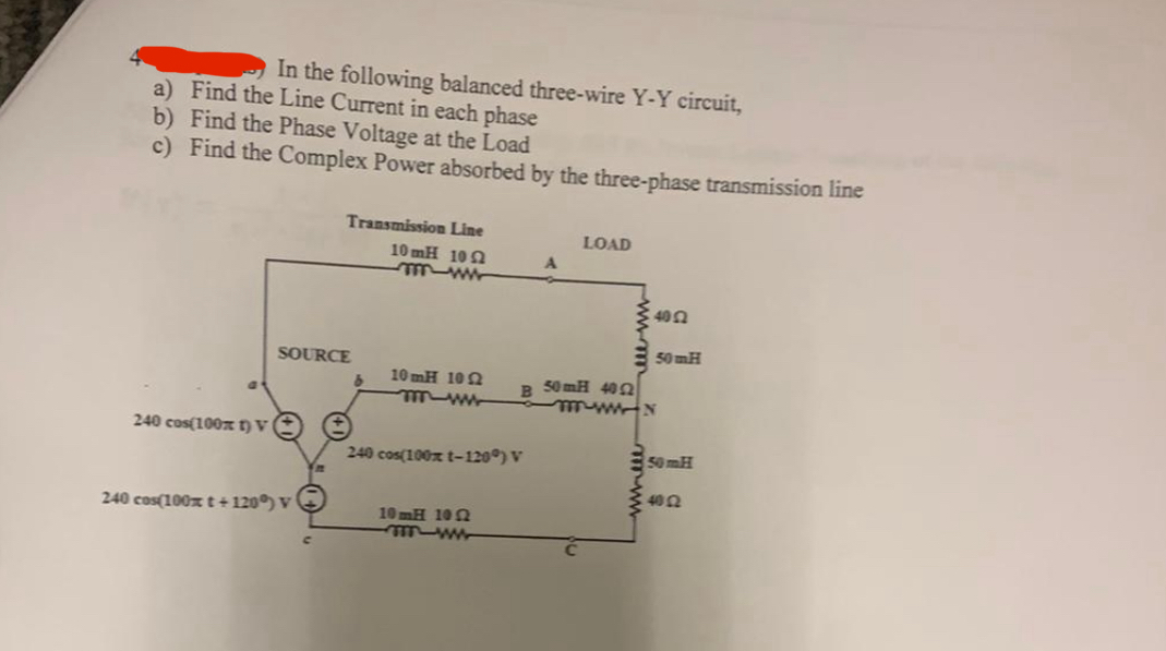 Solved a) ﻿Find the Line following balanced three-wire Y-Y | Chegg.com