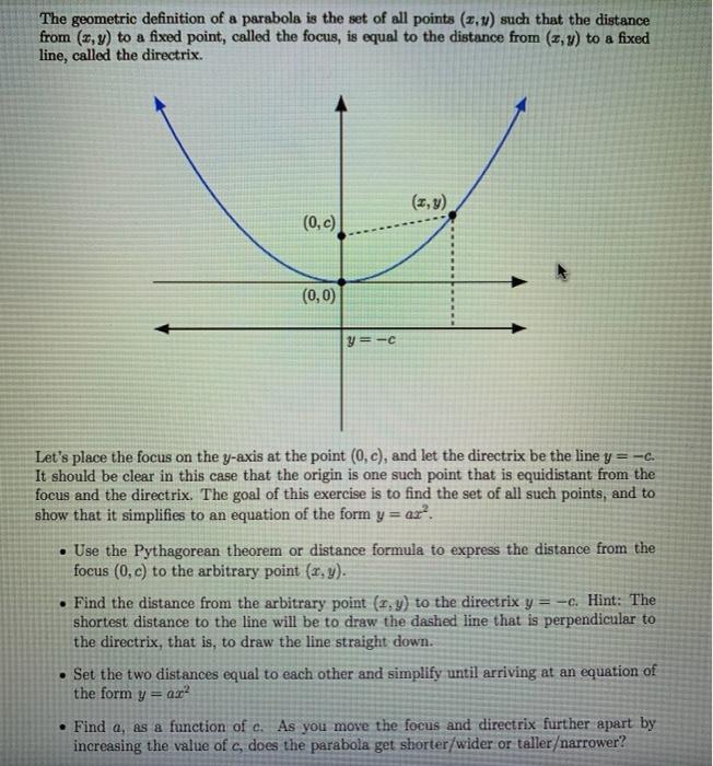 Solved The geometric definition of a parabola is the set of | Chegg.com