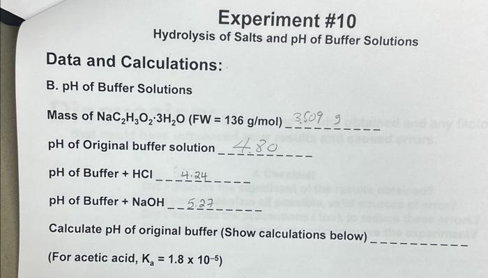 Solved Experiment \#10 Hydrolysis of Salts and pH of Buffer | Chegg.com