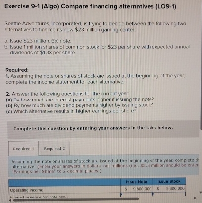 Solved Exercise 9-1 (Algo) ﻿Compare financing alternatives | Chegg.com