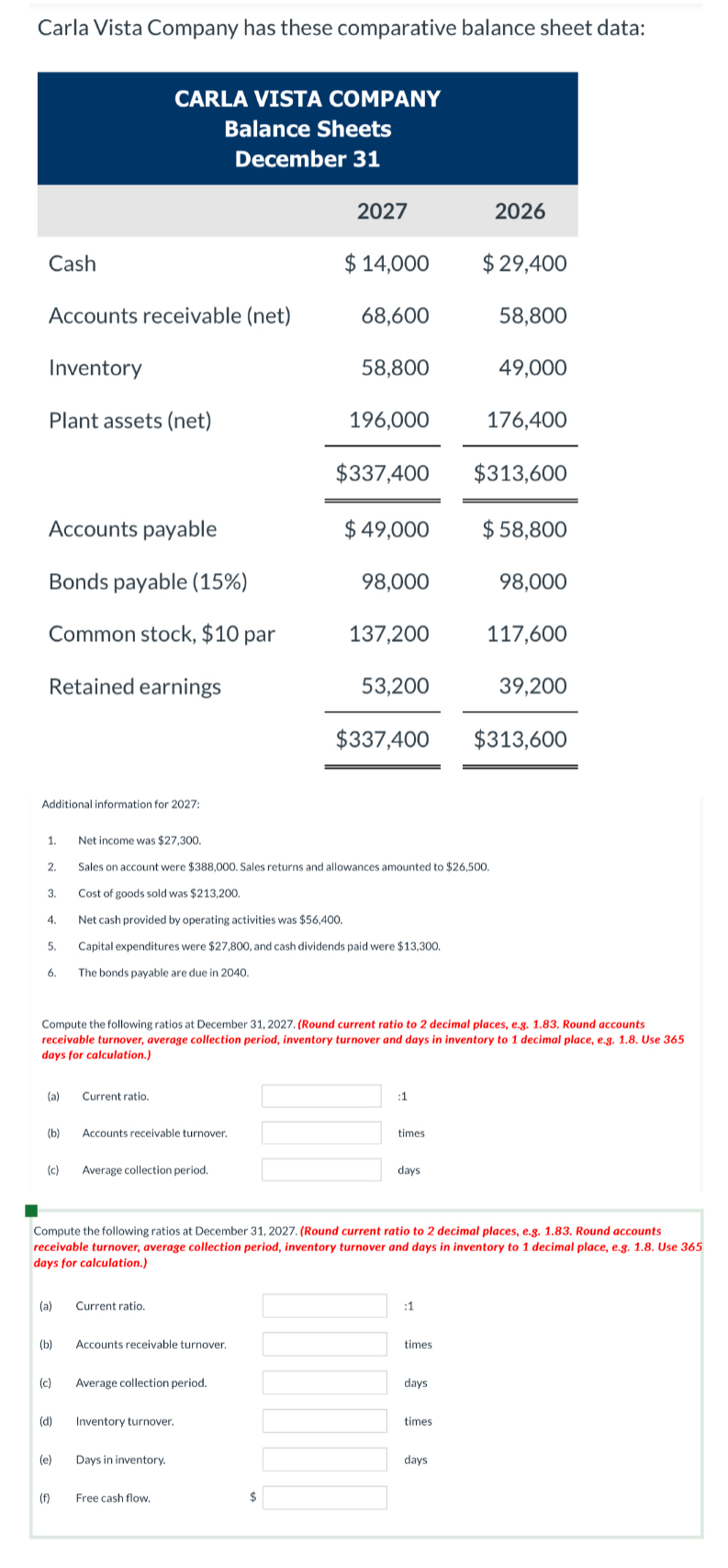 Solved Carla Vista Company has these comparative balance | Chegg.com