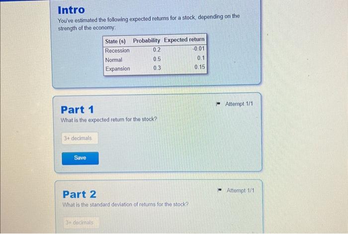 Solved InLT You've estimated the following expected returns | Chegg.com