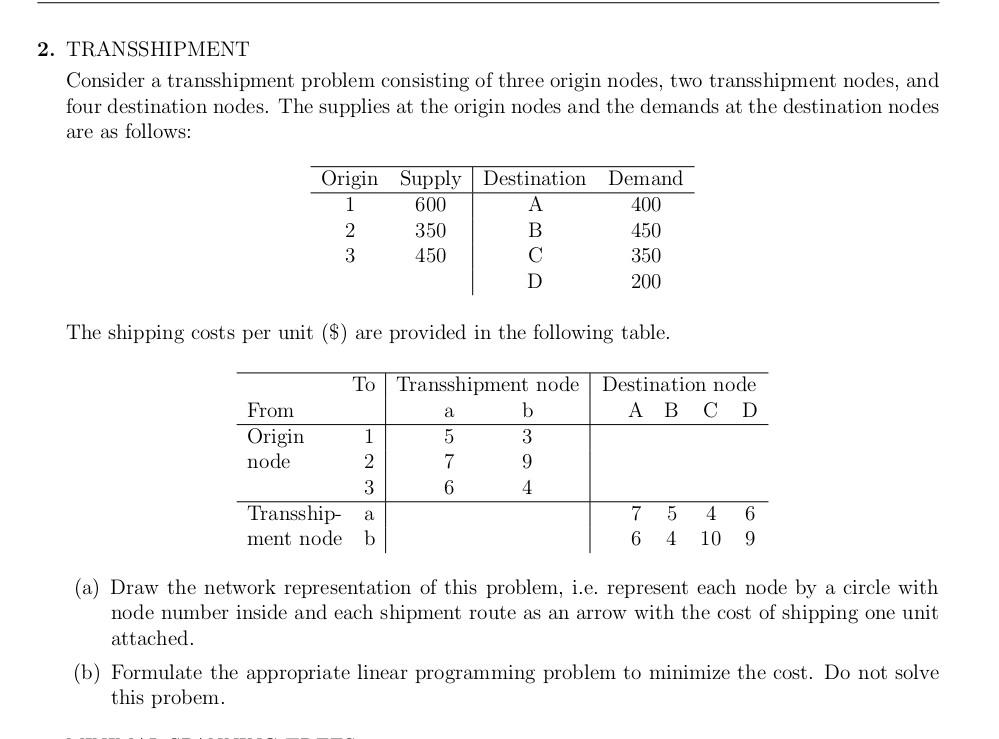 Solved TRANSSHIPMENT Consider a transshipment problem | Chegg.com