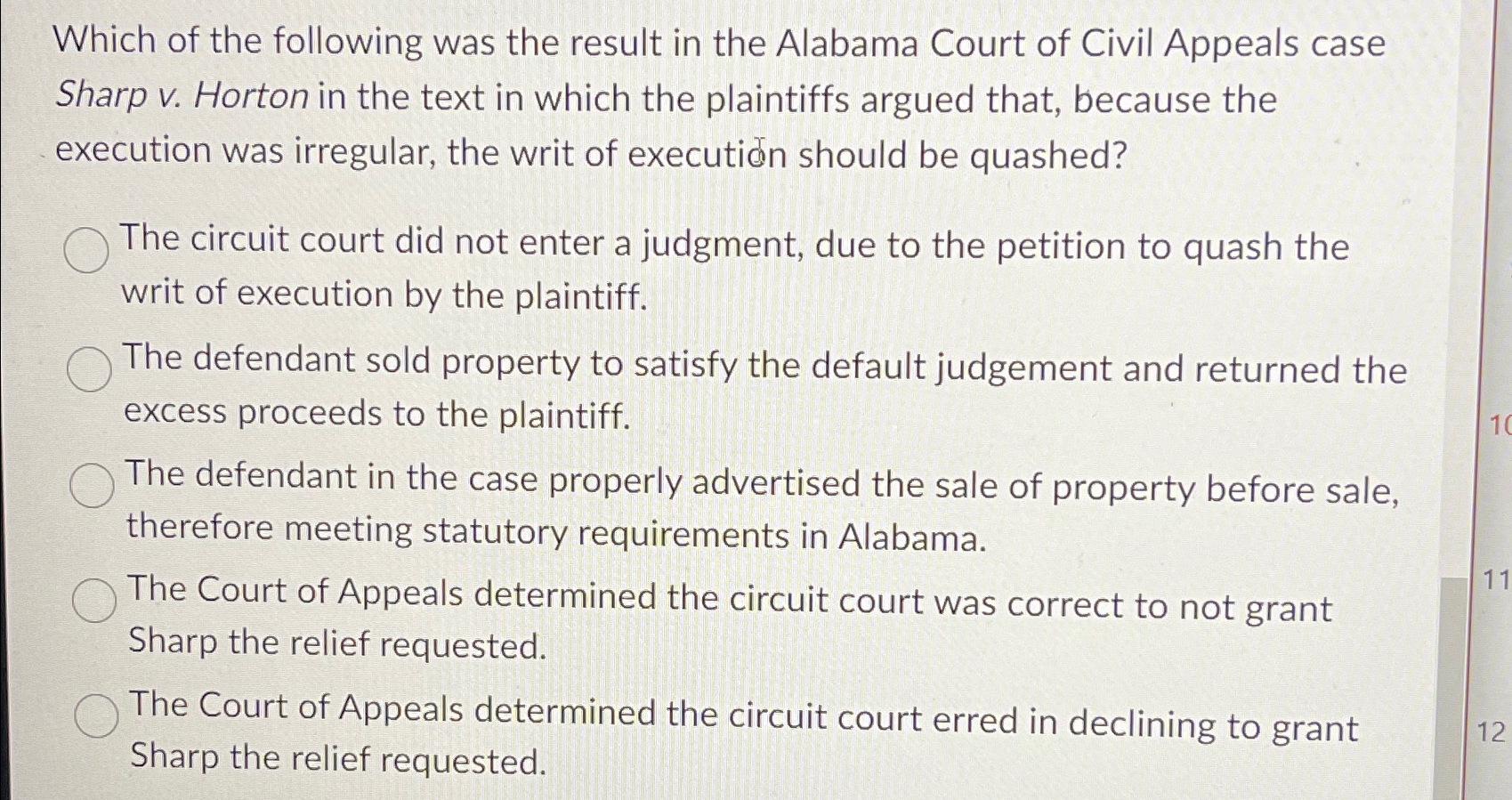 Solved Which of the following was the result in the Alabama | Chegg.com