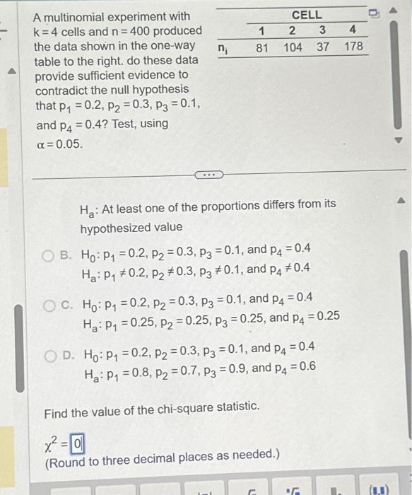 Solved A multinomial experiment with k=4 cells and n=400 | Chegg.com