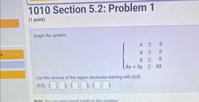 Solved Graph the system: ⎩⎨⎧x≥0y≥0y≤99x+2y≤63 List the | Chegg.com