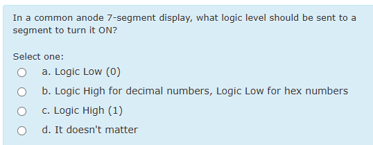 Solved In a common anode 7-segment display, what logic level | Chegg.com