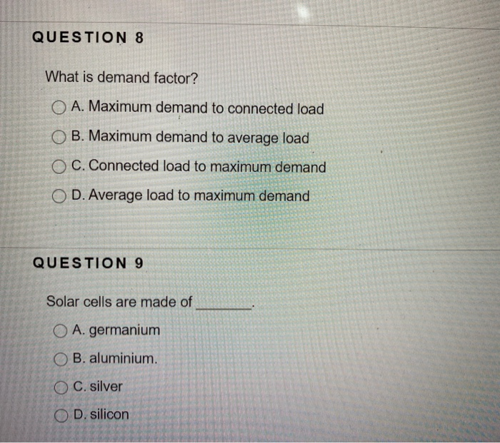 Solved QUESTION 8 What is demand factor? O A. Maximum demand | Chegg.com