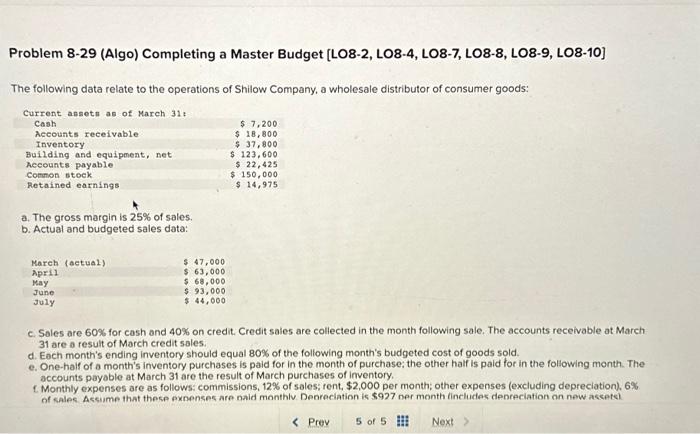 Solved Problem 8-29 (Algo) Completing a Master Budget | Chegg.com