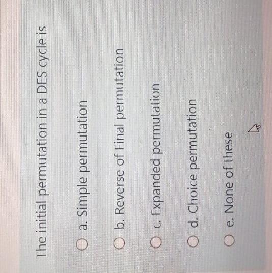 Solved The initial permutation in a DES cycle is O a. Simple | Chegg.com