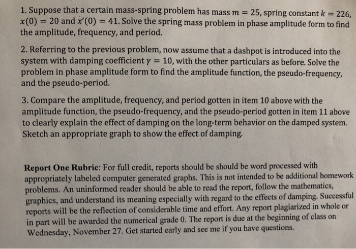 Solved 1. Suppose that a certain mass-spring problem has | Chegg.com