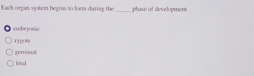 Solved Each organ system begins to form during the phase of | Chegg.com