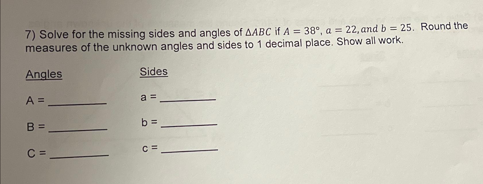 Solved Solve for the missing sides and angles of ????ABC ﻿if | Chegg.com
