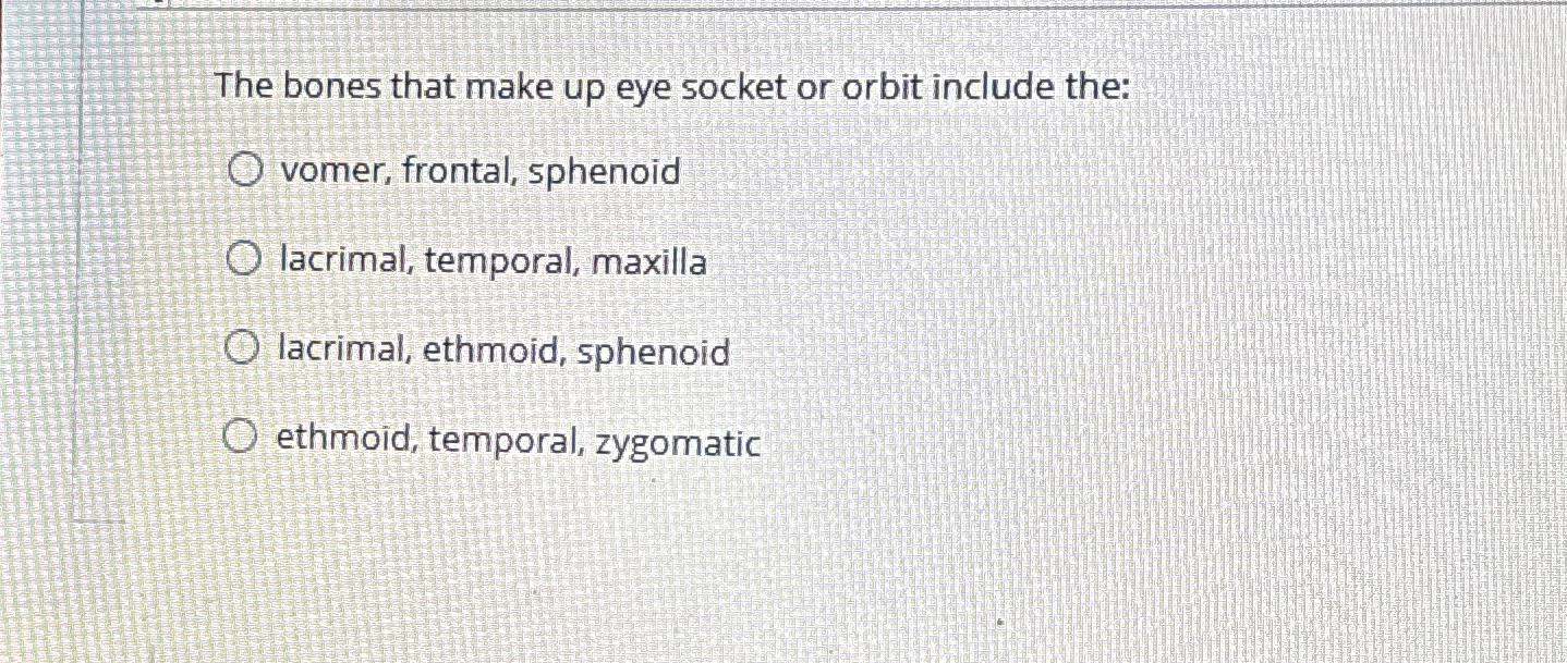 Solved The bones that make up eye socket or orbit include | Chegg.com