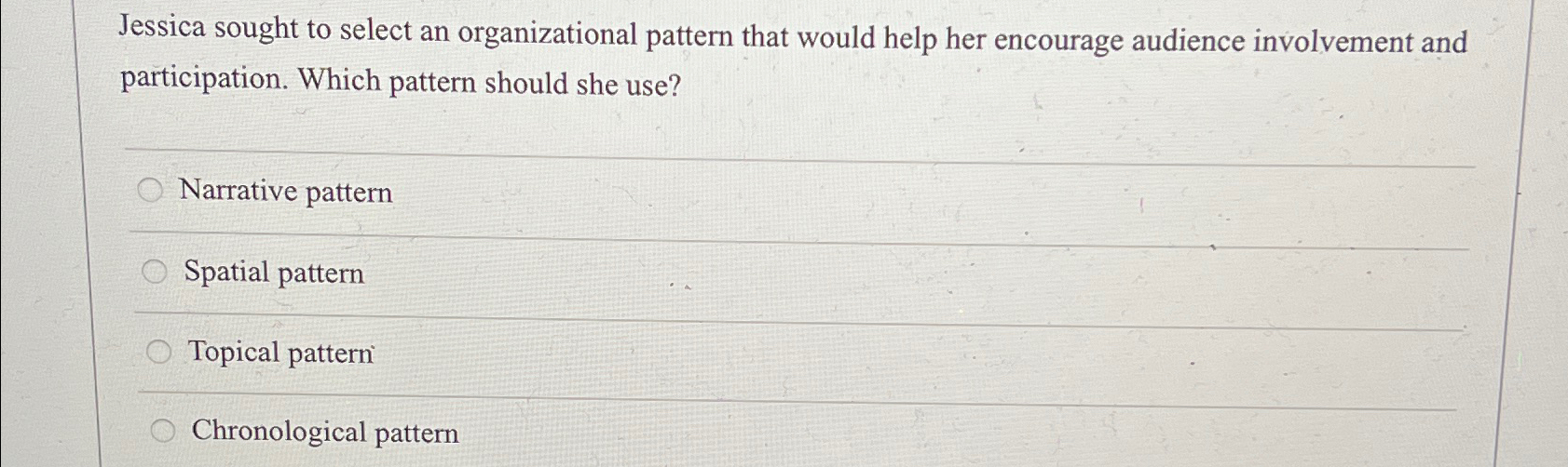 Solved Jessica sought to select an organizational pattern | Chegg.com