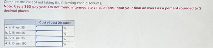 Compute the cost of not taking the following cash | Chegg.com