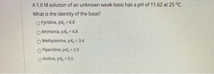 Solved A 1.0 M solution of an unknown weak base has a pH of | Chegg.com