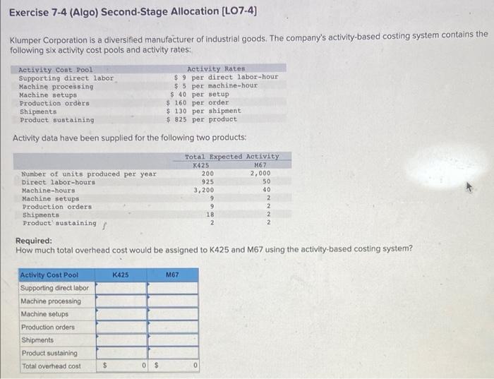 Solved Exercise 7-4 (Algo) Second-Stage Allocation (L07-4) | Chegg.com