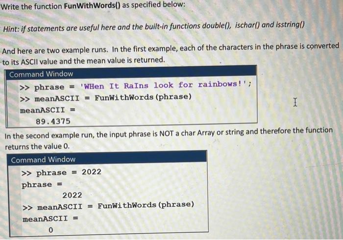 Solved Write the function FunWithWords() as specified below: | Chegg.com